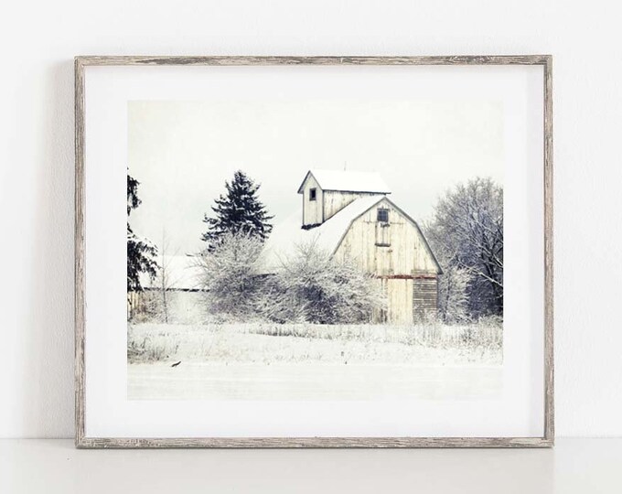 White Barn Photograph, Winter Barn Photo, Farmhouse Wall Decor, White ...