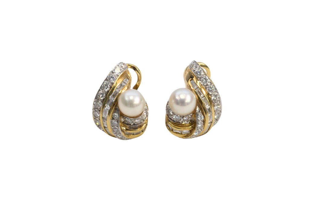 18K Gold Diamond & Pearl Channel Set Swirl Clip on Earrings - Etsy
