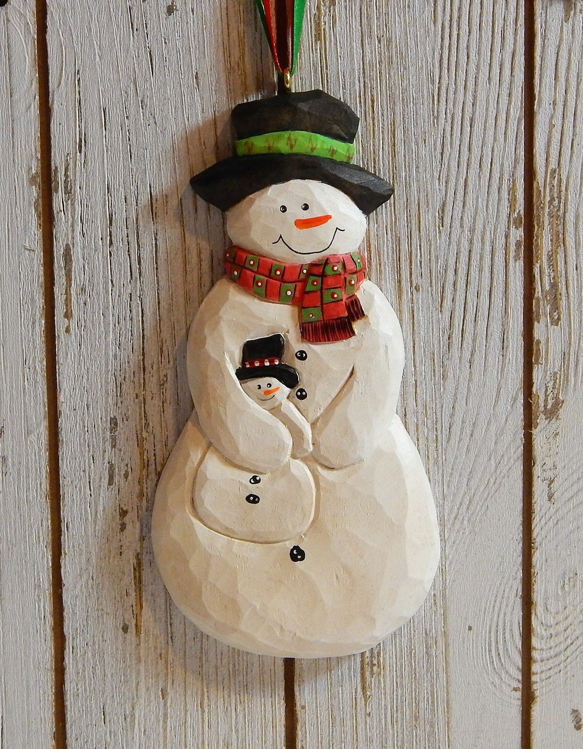 Hand Carved Snowman with Baby Christmas ornament by Wasatch | Etsy
