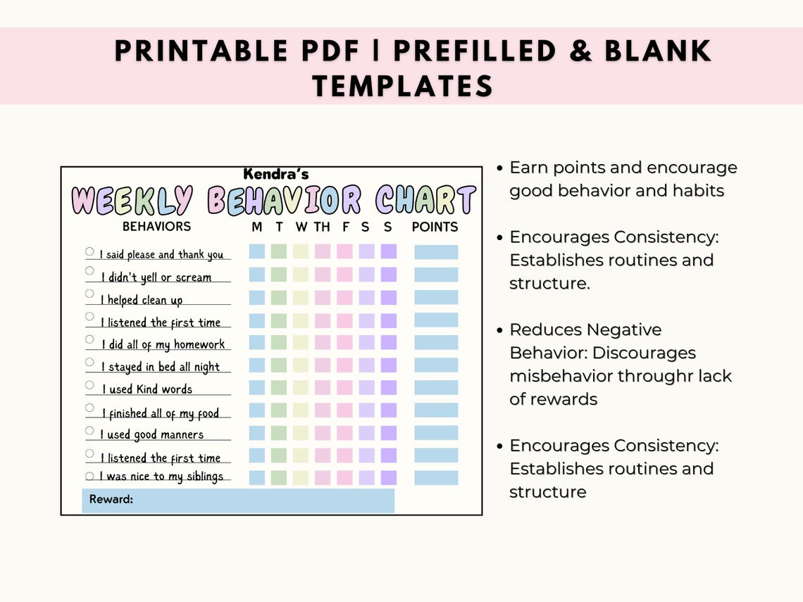 Printable Weekly Kids Behavior Chart , Custom Parent Reward Chart ...