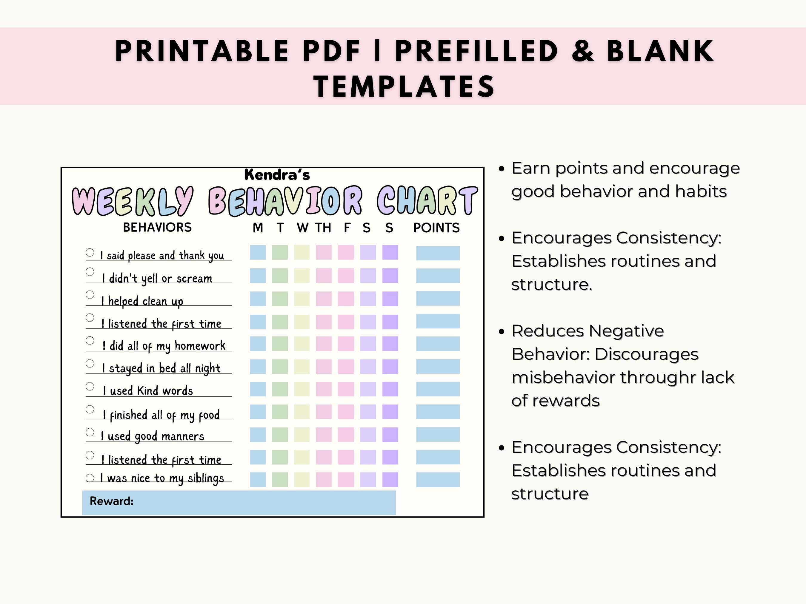 Printable Weekly Kids Behavior Chart , Custom Parent Reward Chart ...