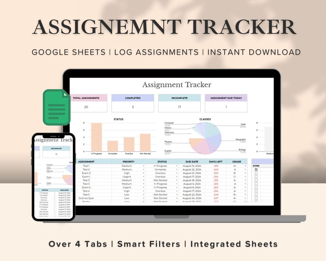 Google Sheets Assignment Tracker Student Planner Calendar Class ...