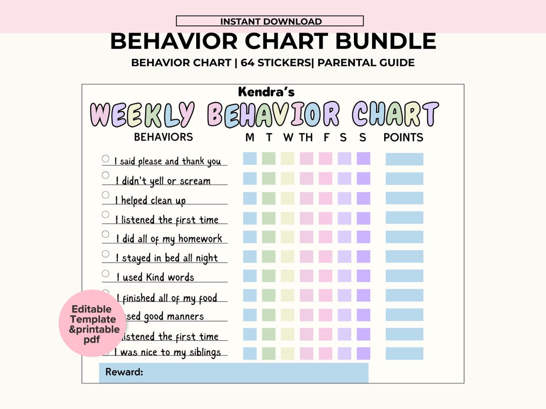 Printable Weekly Kids Behavior Chart , Custom Parent Reward Chart ...