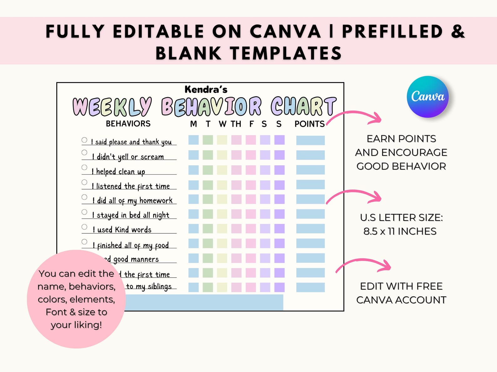 Printable Weekly Kids Behavior Chart , Custom Parent Reward Chart ...