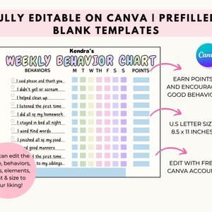 Printable Weekly Kids Behavior Chart , Custom Parent Reward Chart ...