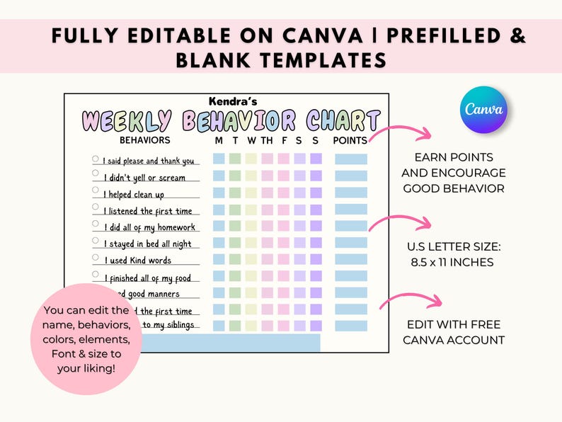 Printable Weekly Kids Behavior Chart , Custom Parent Reward Chart ...