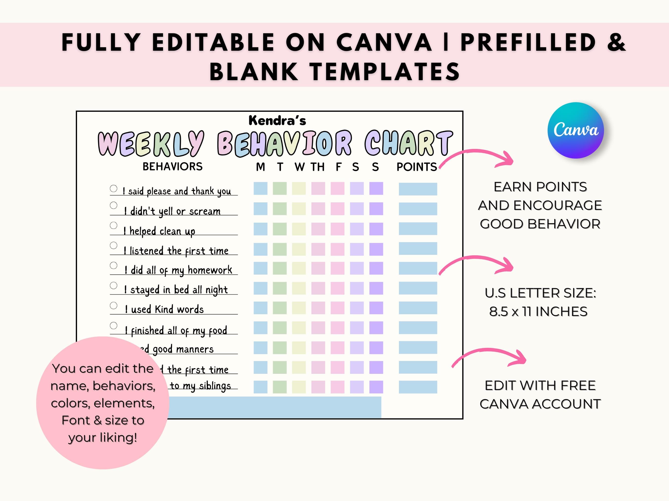 Printable Weekly Kids Behavior Chart , Custom Parent Reward Chart ...