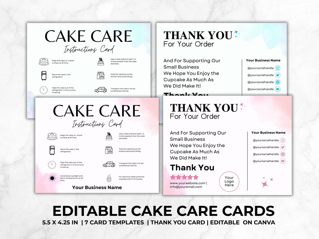 Cake Care Cards Bundle, Editable Cake Care Cards, Printable Cake ...