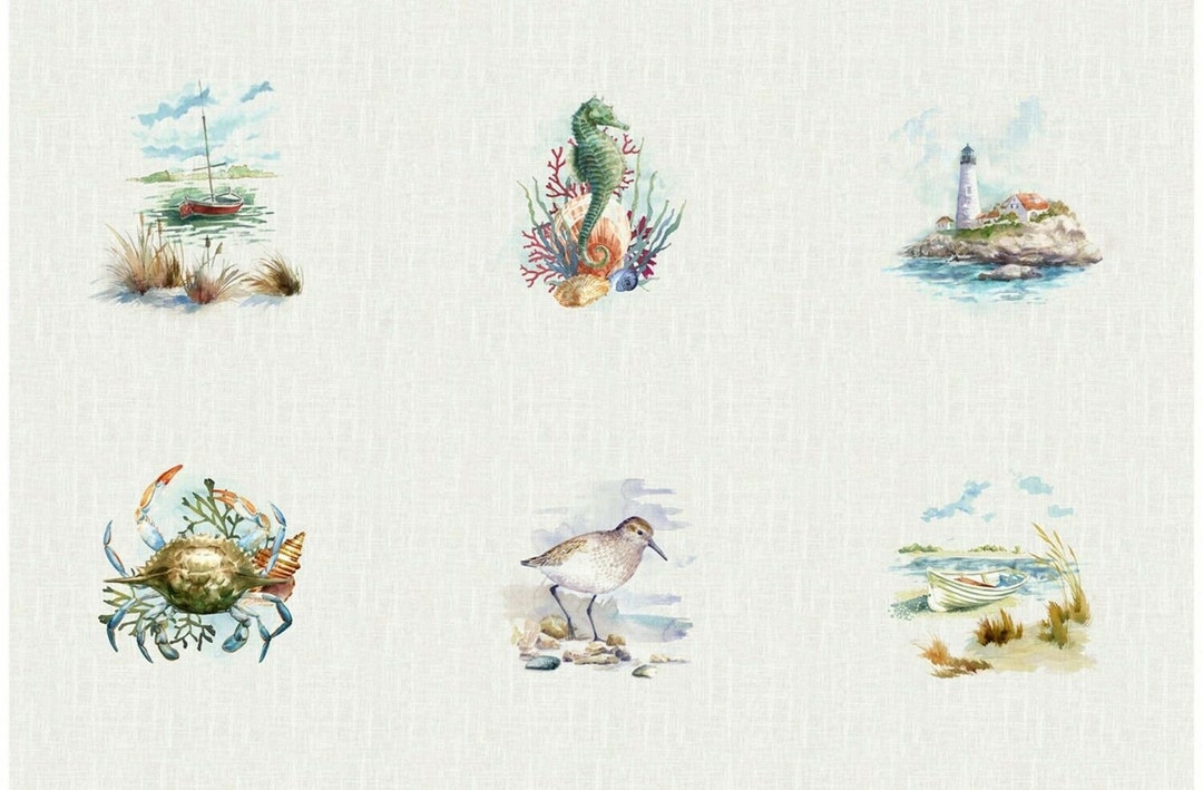 Giant Fabric Panel Shoreline Stories Natural Sea Collage Digital Fabric ...