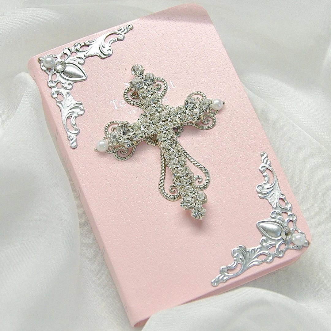 Hand-embellished Pink Mini Bible, Rhinestone Cross, Baptism Gift - Etsy