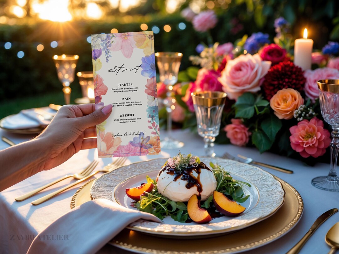 Wedding Menu Card Floral Wedding Menu Bridal Shower Printable Card Menu ...