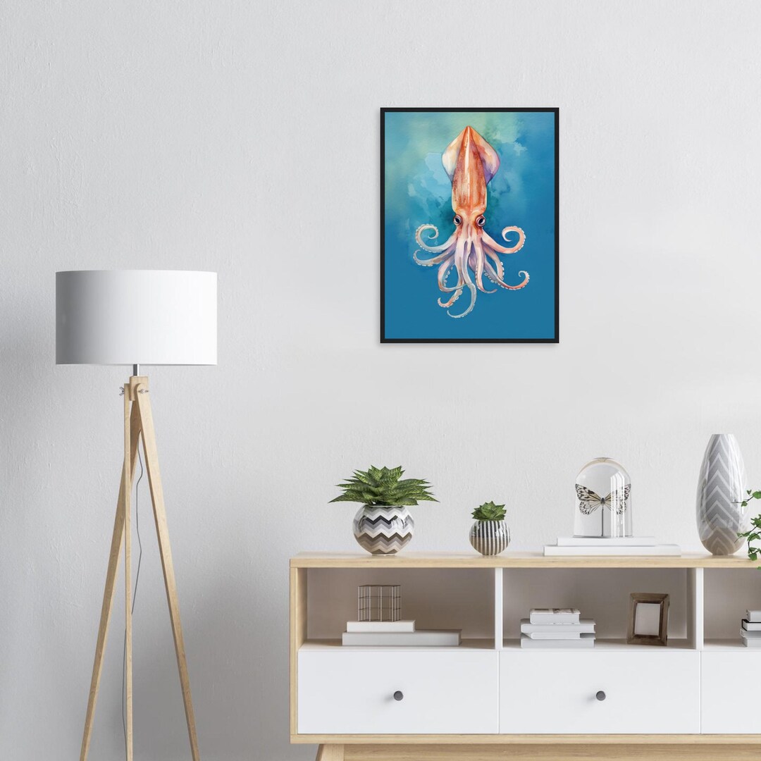 Watercolor Squid Art Print | Ocean Wall Decor | Coastal Nautical Animal ...