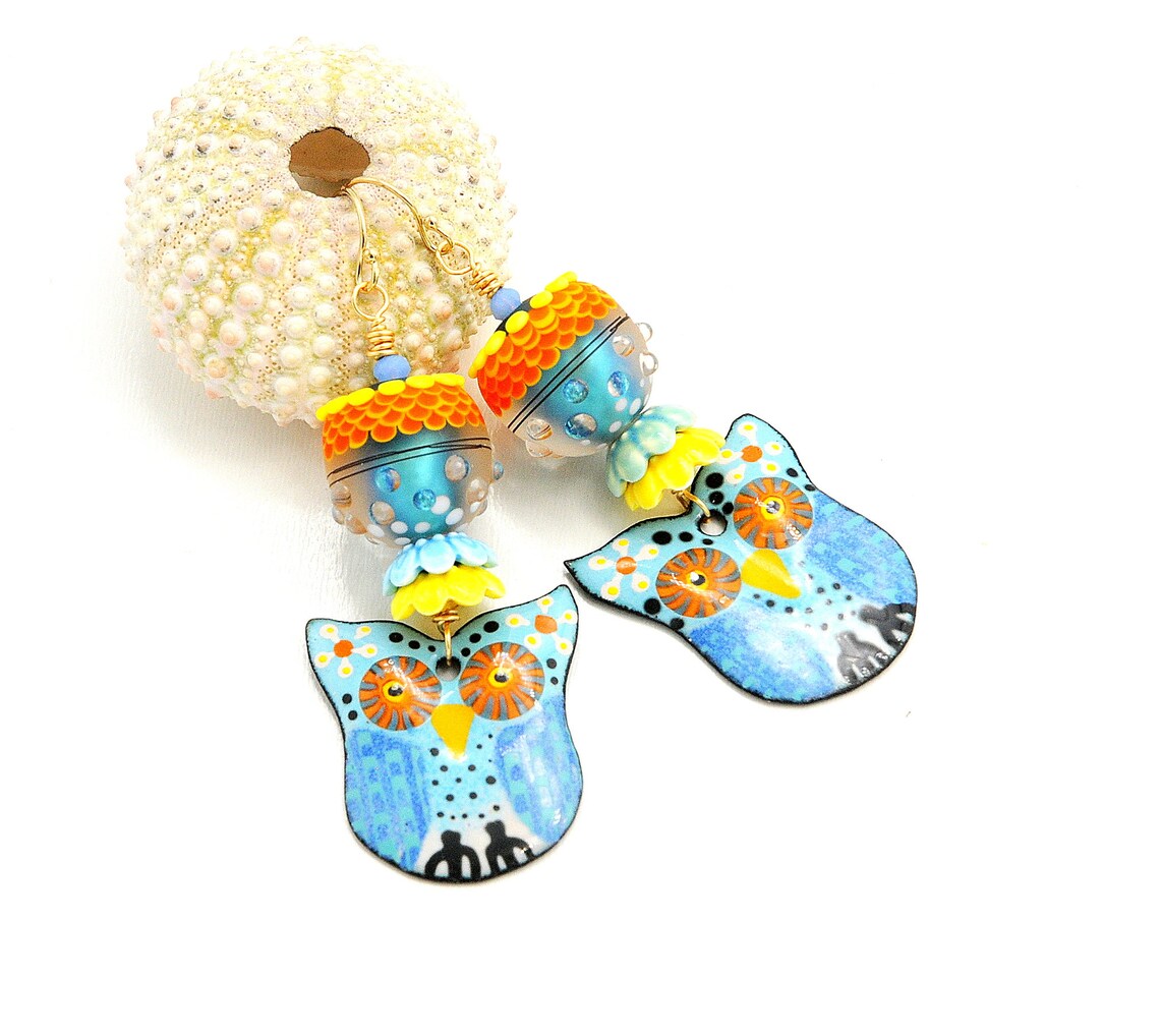 Handmade Blue Bohemian Owl Earrings. Colorful Cathleen Zaring - Etsy