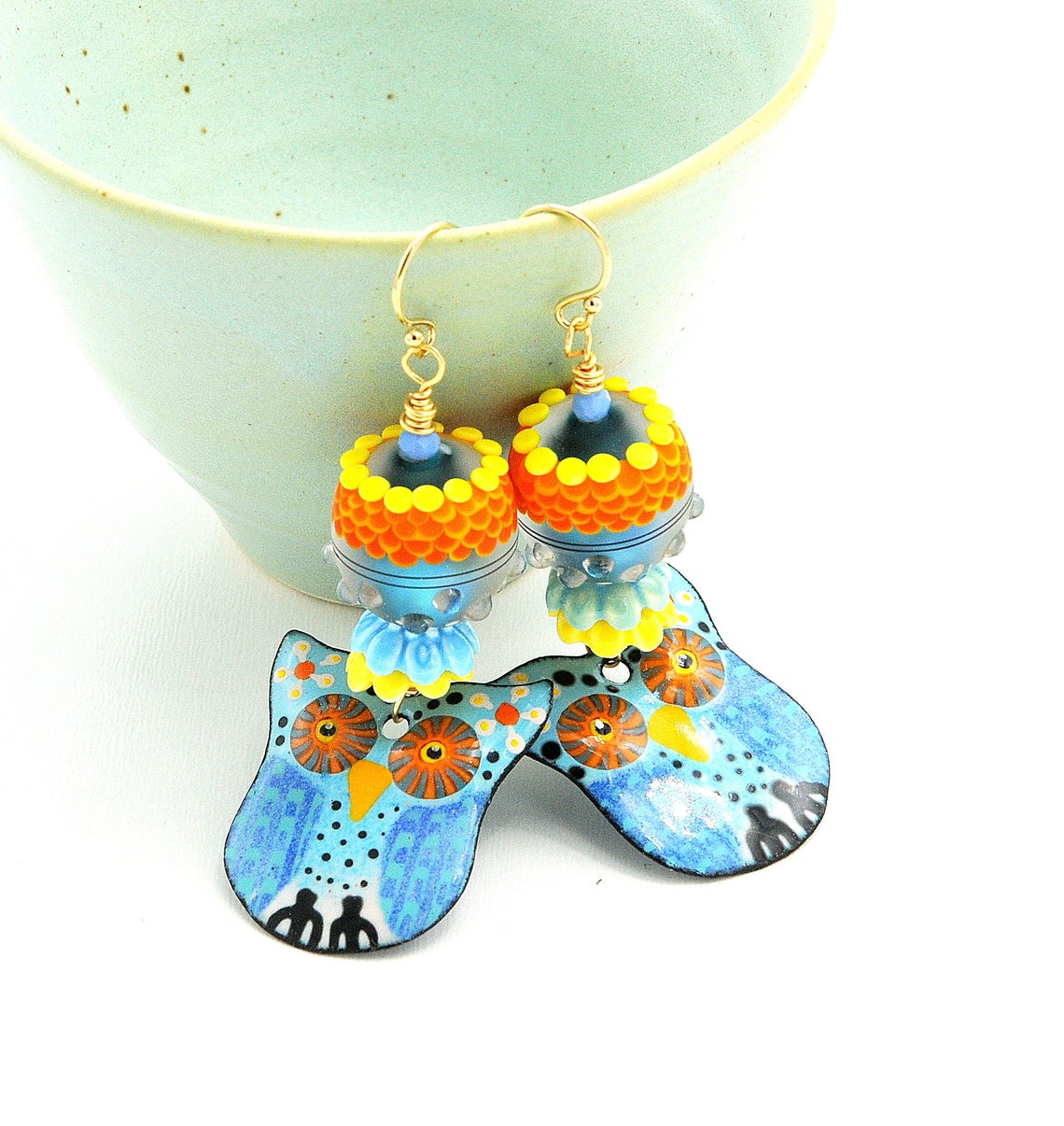 Handmade Blue Bohemian Owl Earrings. Colorful Cathleen Zaring - Etsy