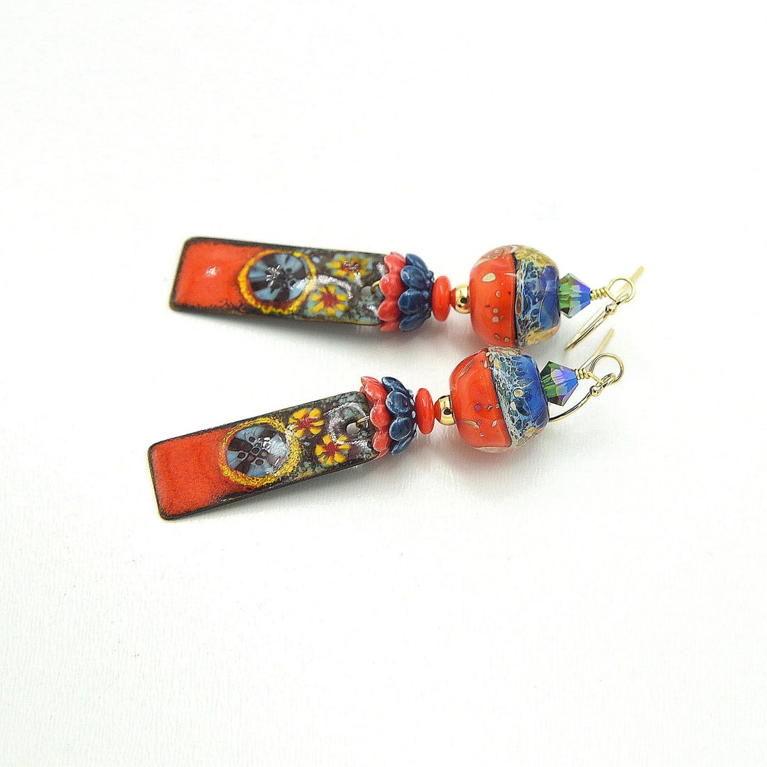 Handmade Bohemian Earrings. Artisan Red Enamel Charms & Lampwork Beads ...