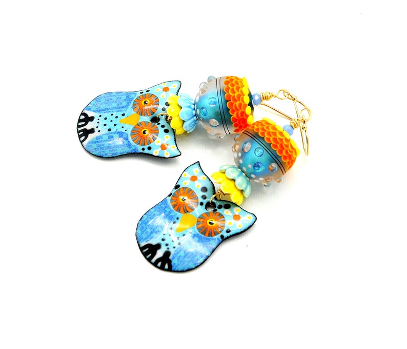 Handmade Blue Bohemian Owl Earrings. Colorful Cathleen Zaring - Etsy