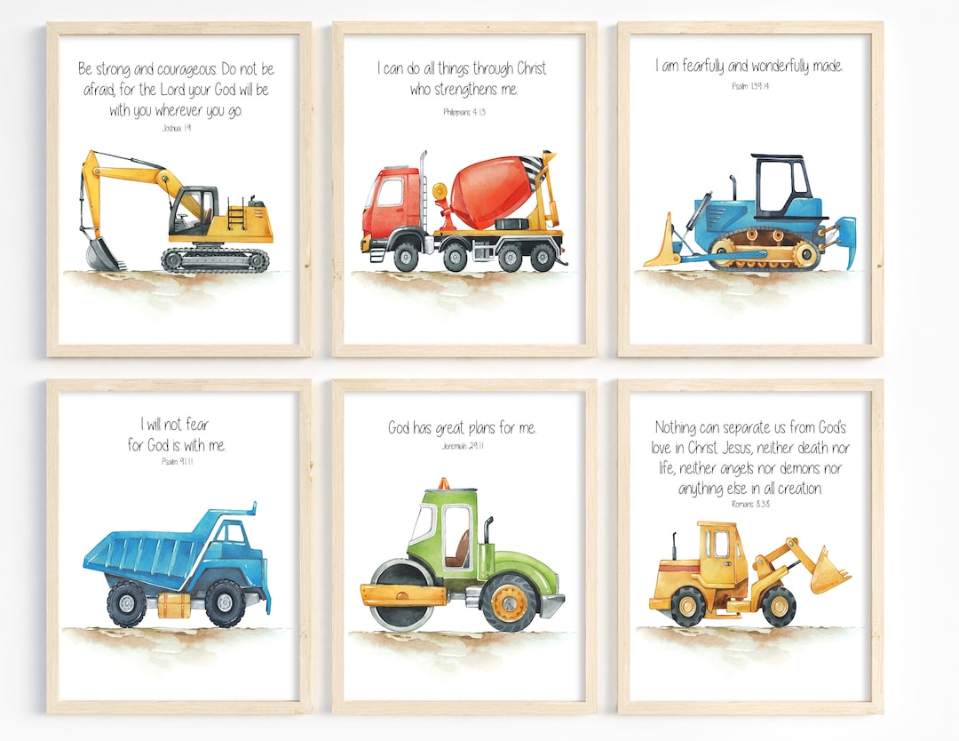 Construction Nursery Prints, Kids Bible Verse Wall Art, Truck Print Set ...
