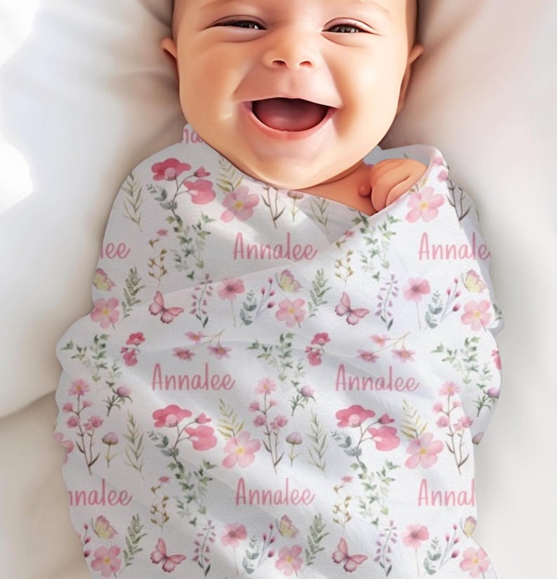 Pink Wildflower Baby Name Blanket, Personalized Baby Girl Blanket ...
