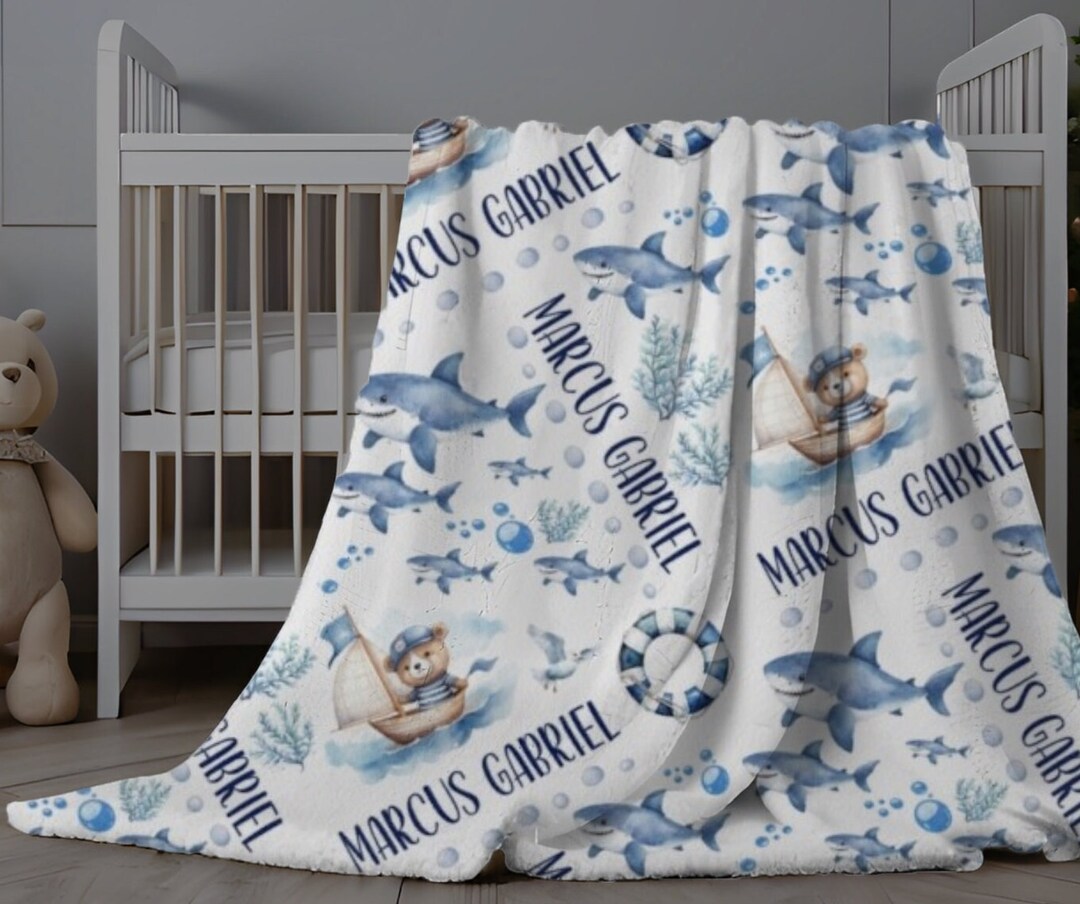 Shark Blanket, Personalized Teddy Bear Blanket Boy, Ocean Baby Swaddle ...
