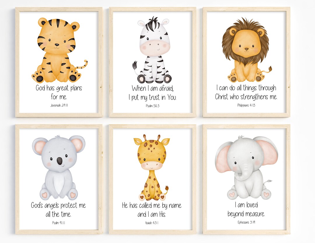 Set of 6, Kids Bible Verse Prints, Safari Animal Nursery Art, Christian ...