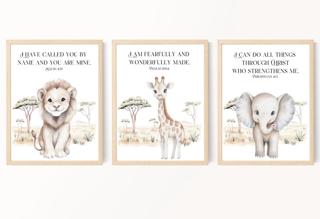 Safari Animals With Bible Verse Wall Art, Safari Animal Nursery Prints ...