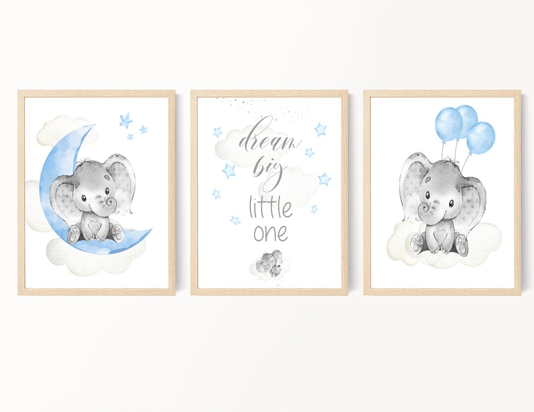 Set of 3, Baby Boy Nursery Decor, Elephant Nursery Art, Dream Big Print ...