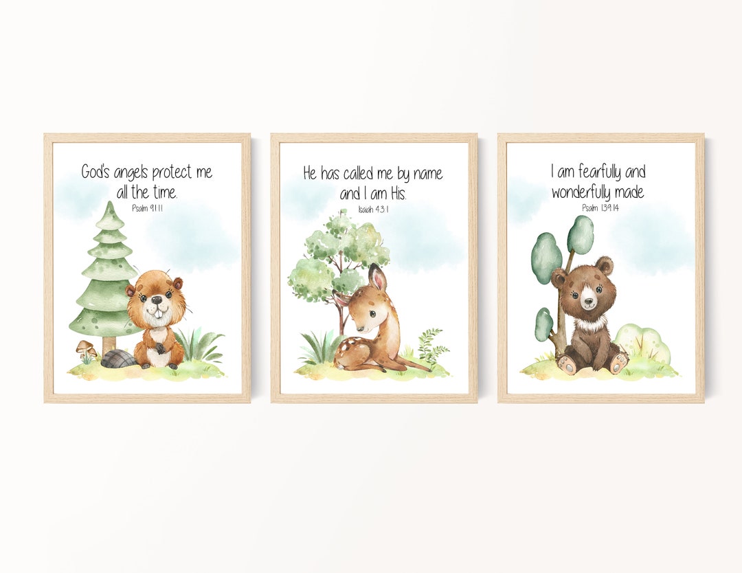 Kids Bible Verse Prints, Woodland Nursery, Woodland Animals, Scripture ...