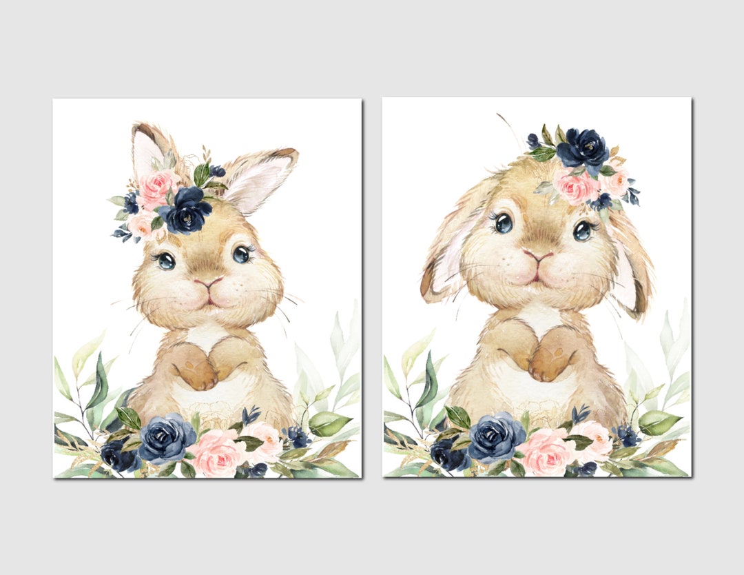 Bunny Rabbit Nursery Prints, Bunny Room Decor, Blush Navy Floral ...