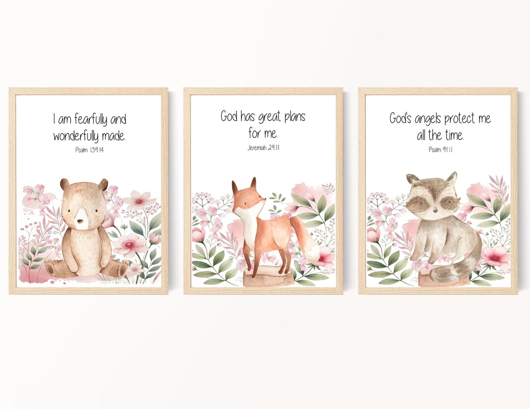 Bible Verse for Kids, Nursery Decor Woodland Animal, Bear Fox Raccoon ...
