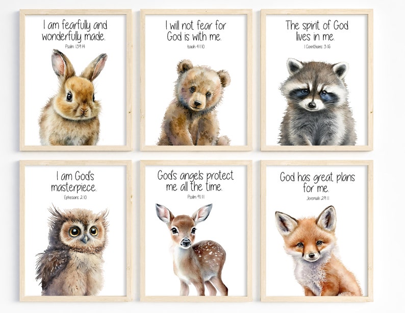 Kids Bible Verse Prints, Woodland Nursery, Woodland Animas, Scripture ...