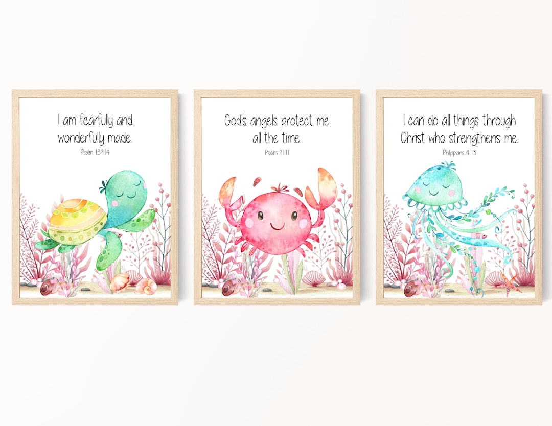 Kids Bible Verse Prints, Under the Sea Nursery Wall Art, Christian ...
