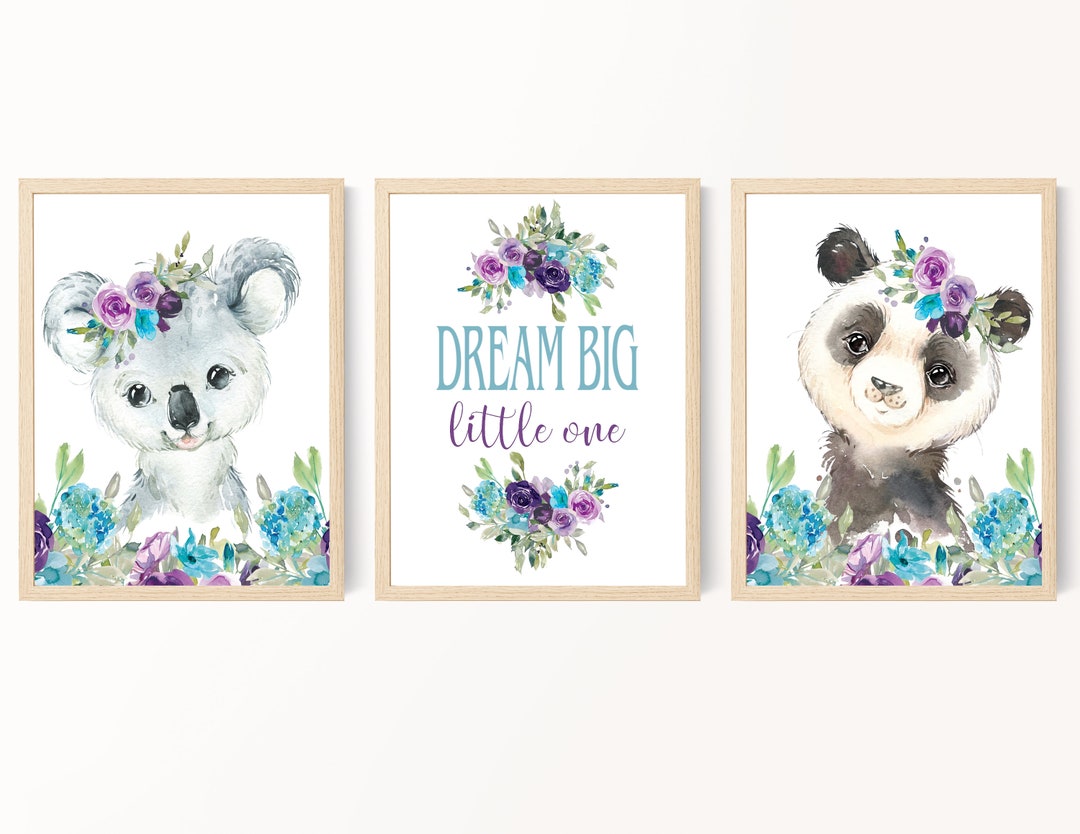 Purple Teal Nursery Decor, Panda Koala Nursery Art, Dream Big Little ... Purple Teal Nursery Decor, Panda Koala Nursery Art, Dream Big Little ...