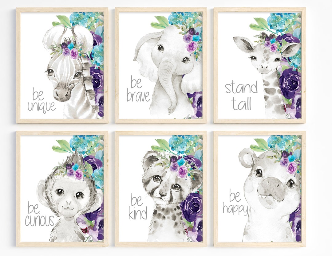 Safari Animal Prints - Purple Teal Wall Art - Toddler Girl Room Decor ...