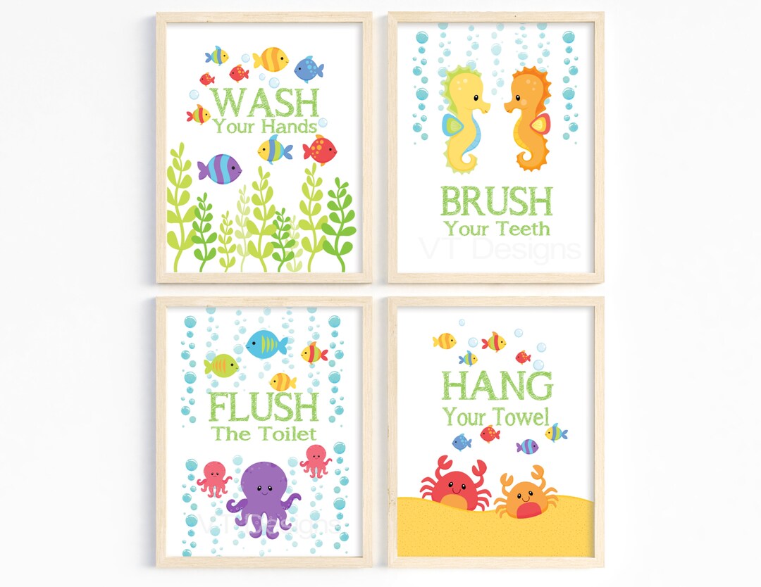 Kids Bathroom Decor, Wash Brush Flush, Under the Sea Bathroom Prints ...