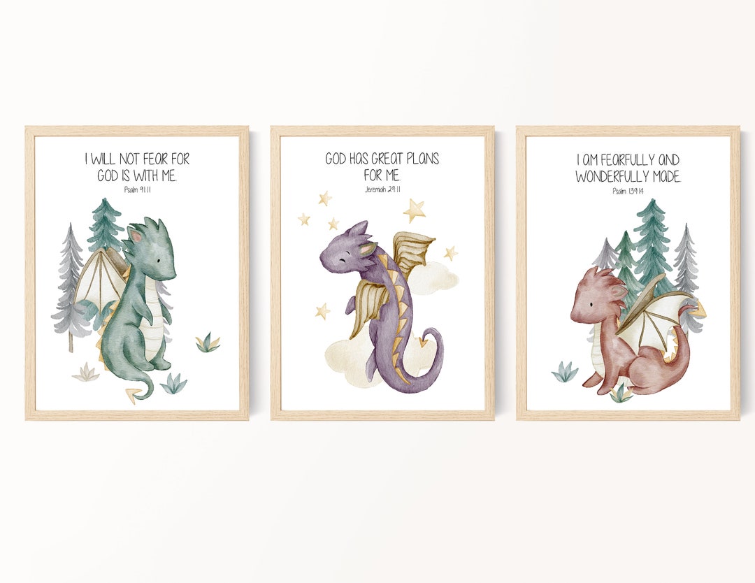 Kids Bible Verse Wall Art, Dragon Prints, Scripture Prints for Kids ...
