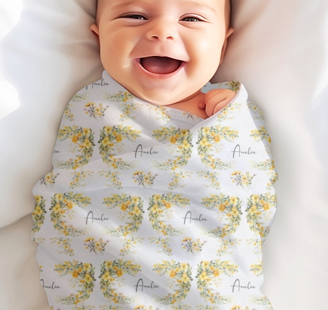 Yellow Floral Baby Blanket, Personalized Baby Girl Floral Blanket, Baby ...