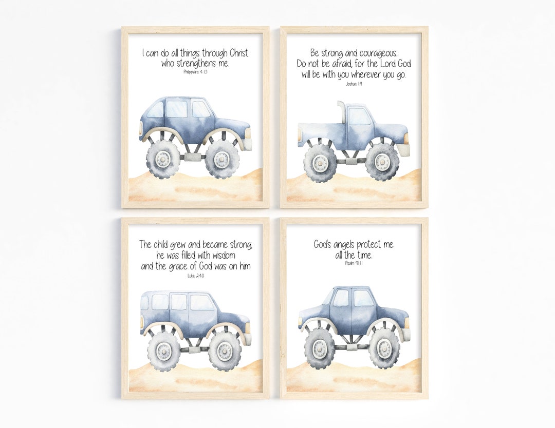 Kids Bible Verse Wall Art, Monster Truck Prints, Truck Print Set ...