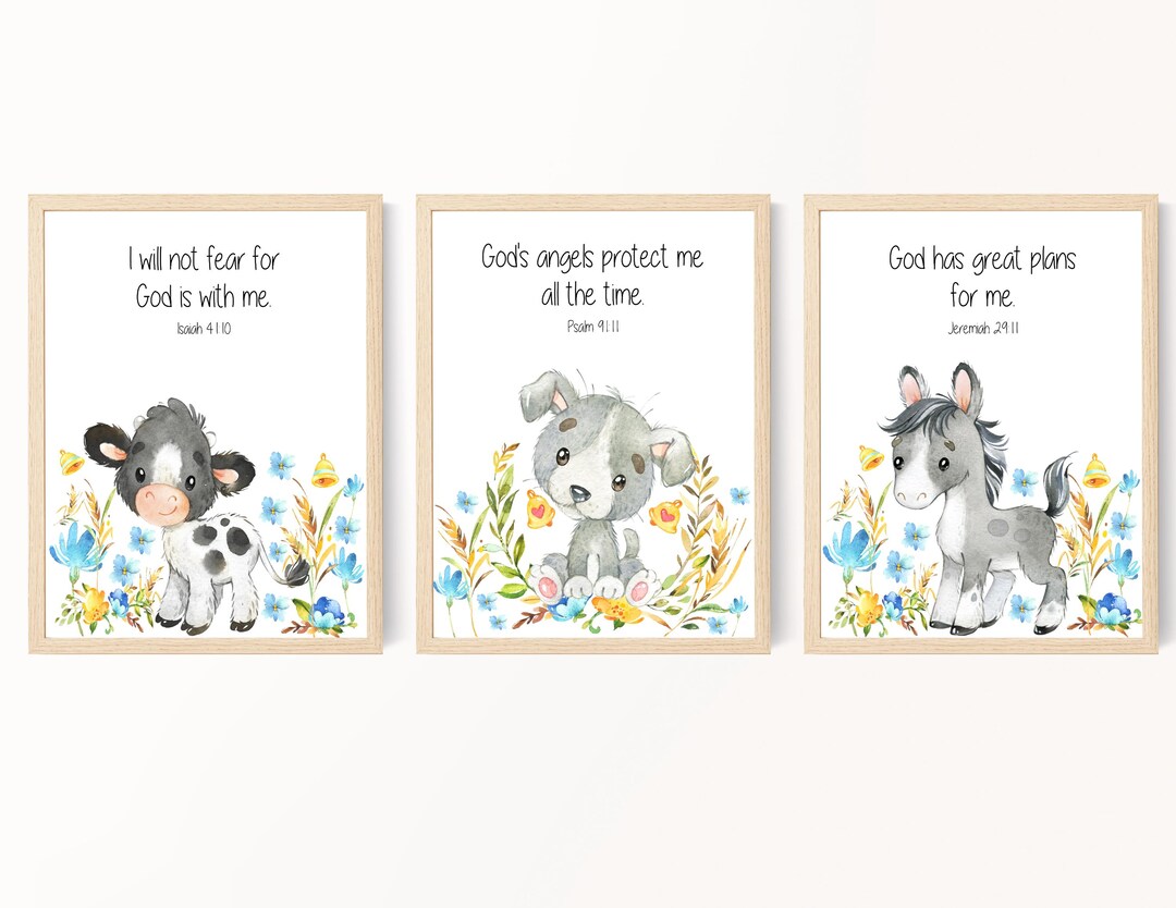 Kids Bible Verse Wall Art, Farm Animals Scripture Prints for Child ...