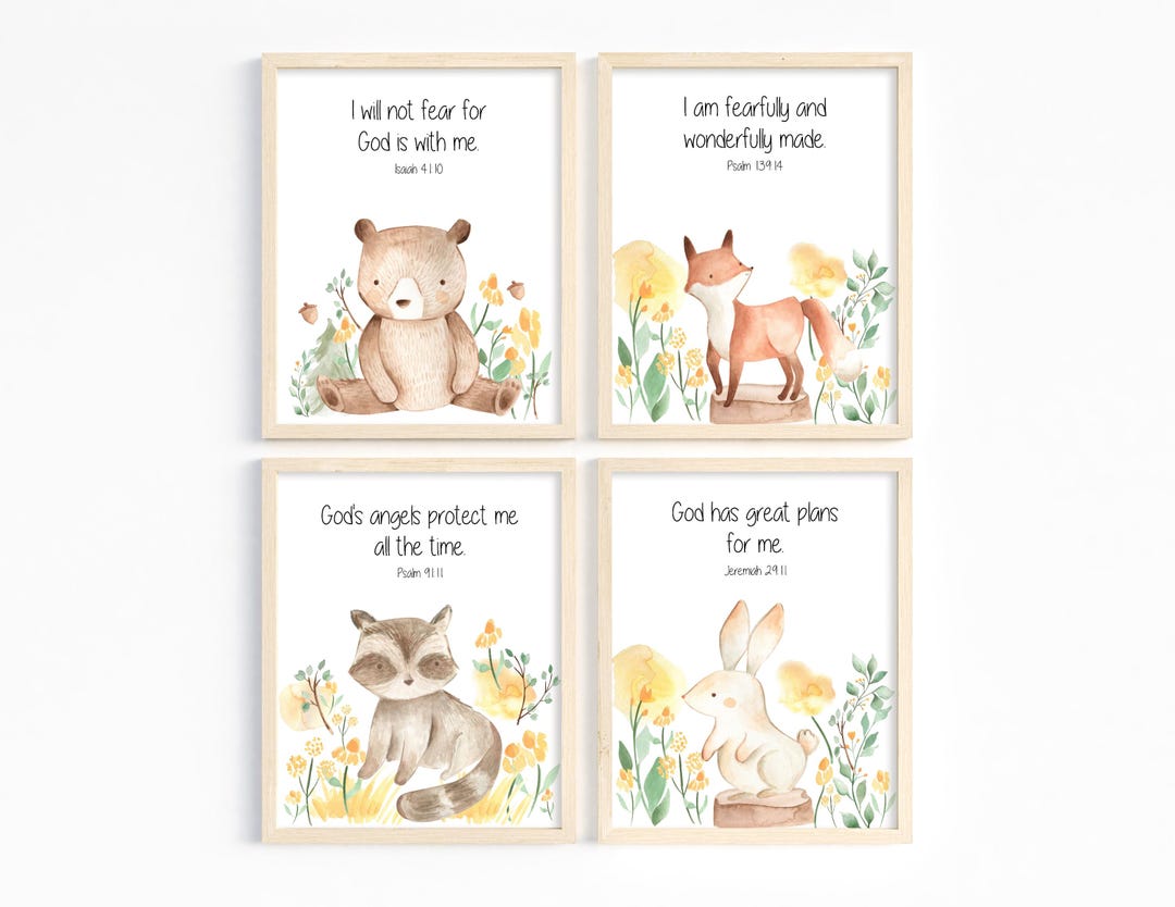 Bible Verse for Kids, Woodland Animal Nursery Decor , Bear Fox Raccoon ...