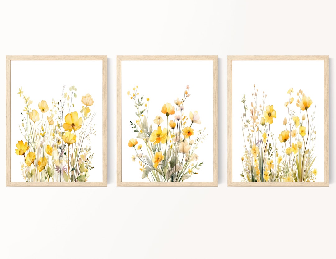 Wildflower Bouquet Prints, Yellow Room Decor, Yellow Flower Prints ...