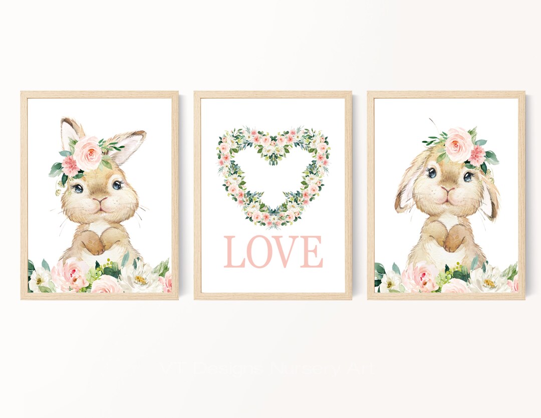 Bunny Nursery Prints, Blush Pink Nursery Art, Girl Nursery Decor, Bunny ...