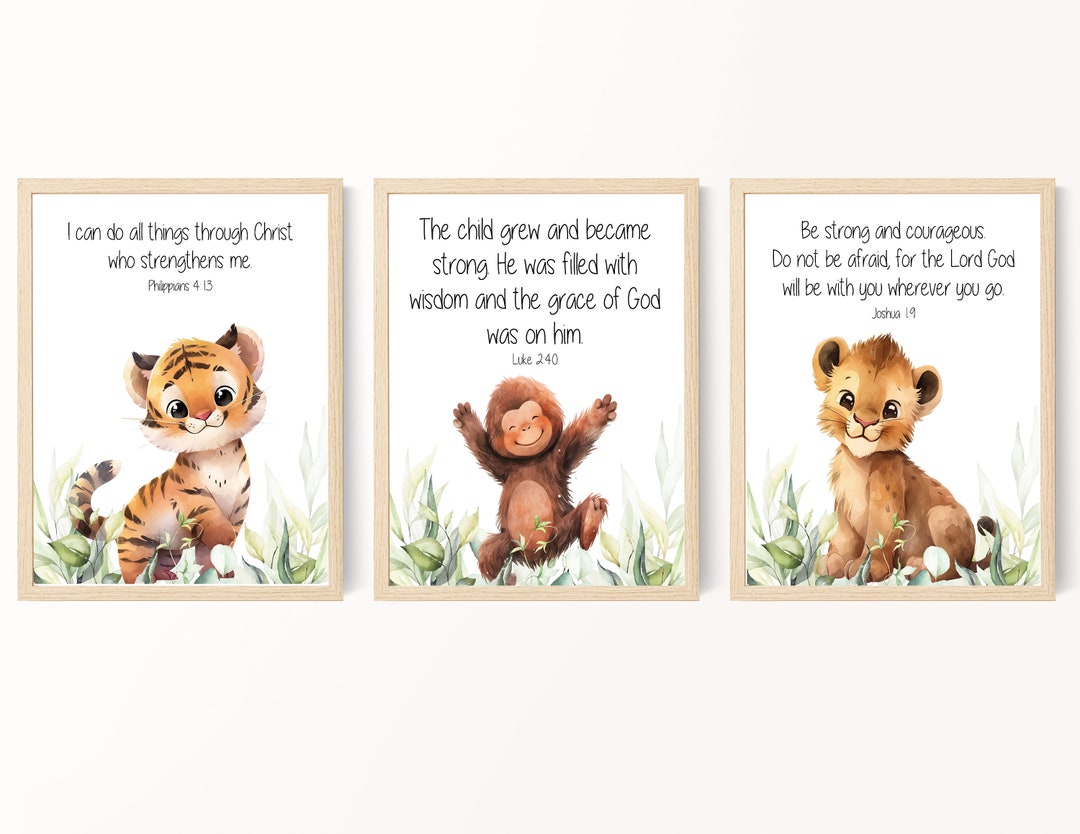 Kids Bible Verse Wall Art, Christian Child Decor, Safari Animals Wall ...