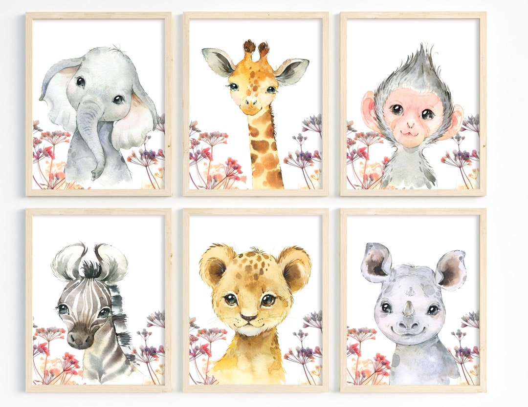 Set of 6, Safari Animal Prints, Baby Animal Nursery Wall Decor ...