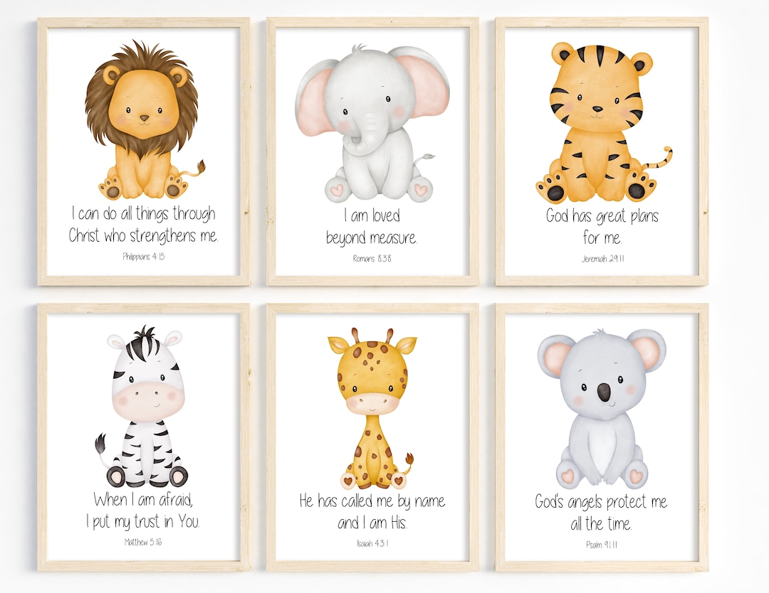 Set of 6, Kids Bible Verse Prints, Safari Animal Nursery Art, Christian ...