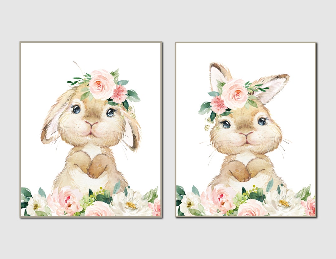 Bunny Rabbit Nursery Prints, Bunny Room Decor, Blush Pink Floral ...