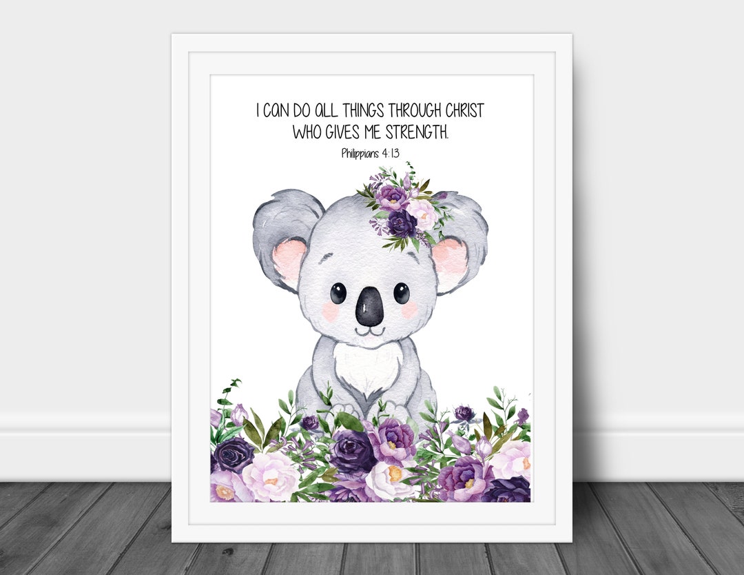 Kids Bible Verse Prints, Koala Nursery Art, Purple, Girl Nursery Decor ...
