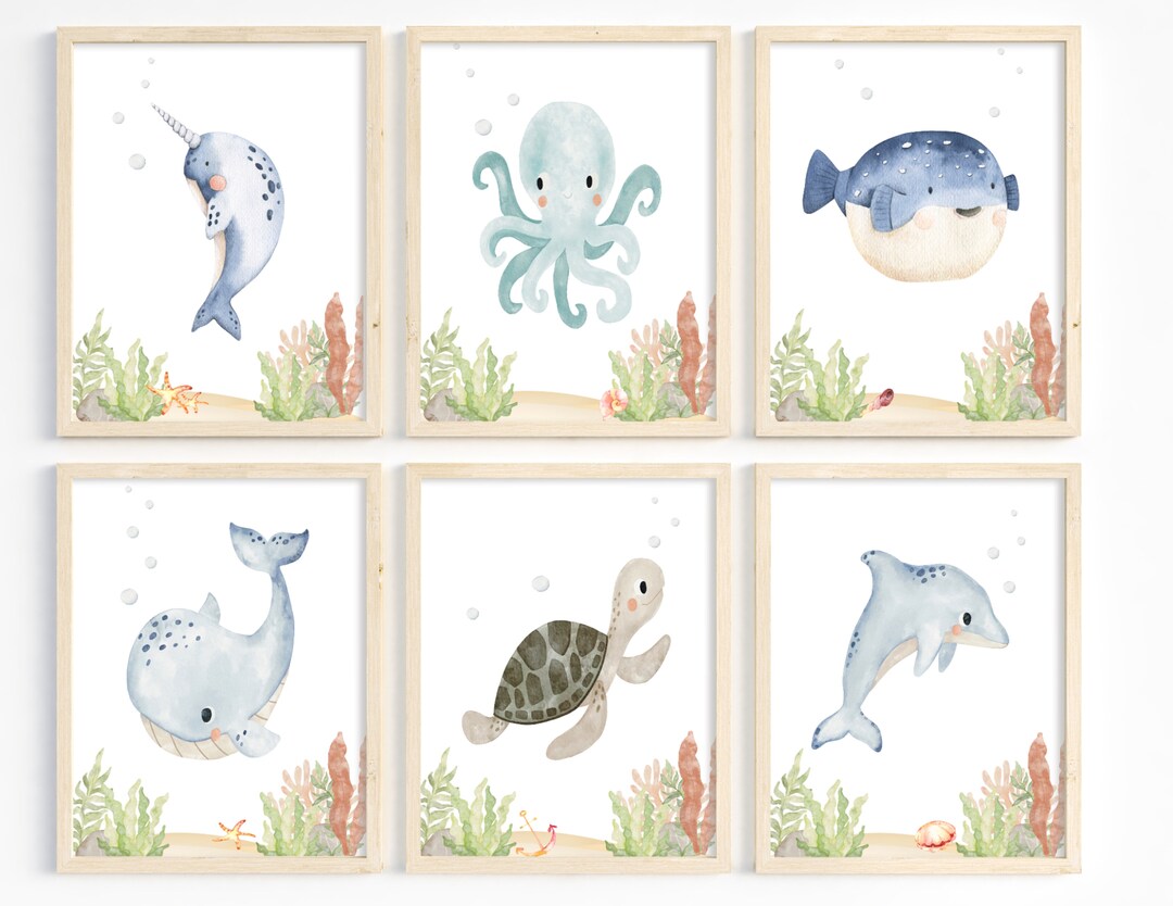 Under the Sea Decor, Ocean Nursery Art, Neutral Sea Creatures, Nautical ...
