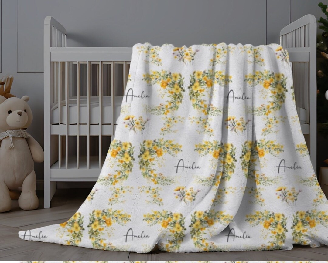 Yellow Floral Baby Blanket, Personalized Baby Girl Floral Blanket, Baby ...