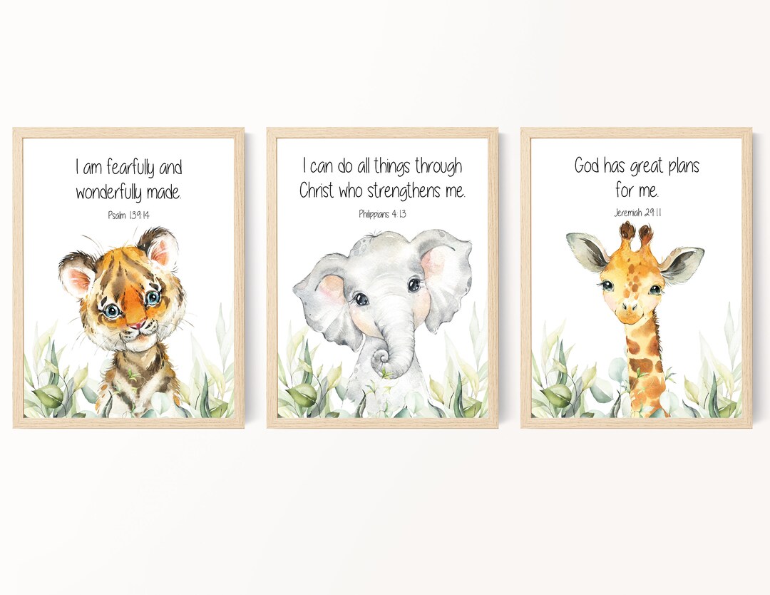 Kids Bible Verse Wall Art, Christian Child Decor, Safari Animals Wall ...