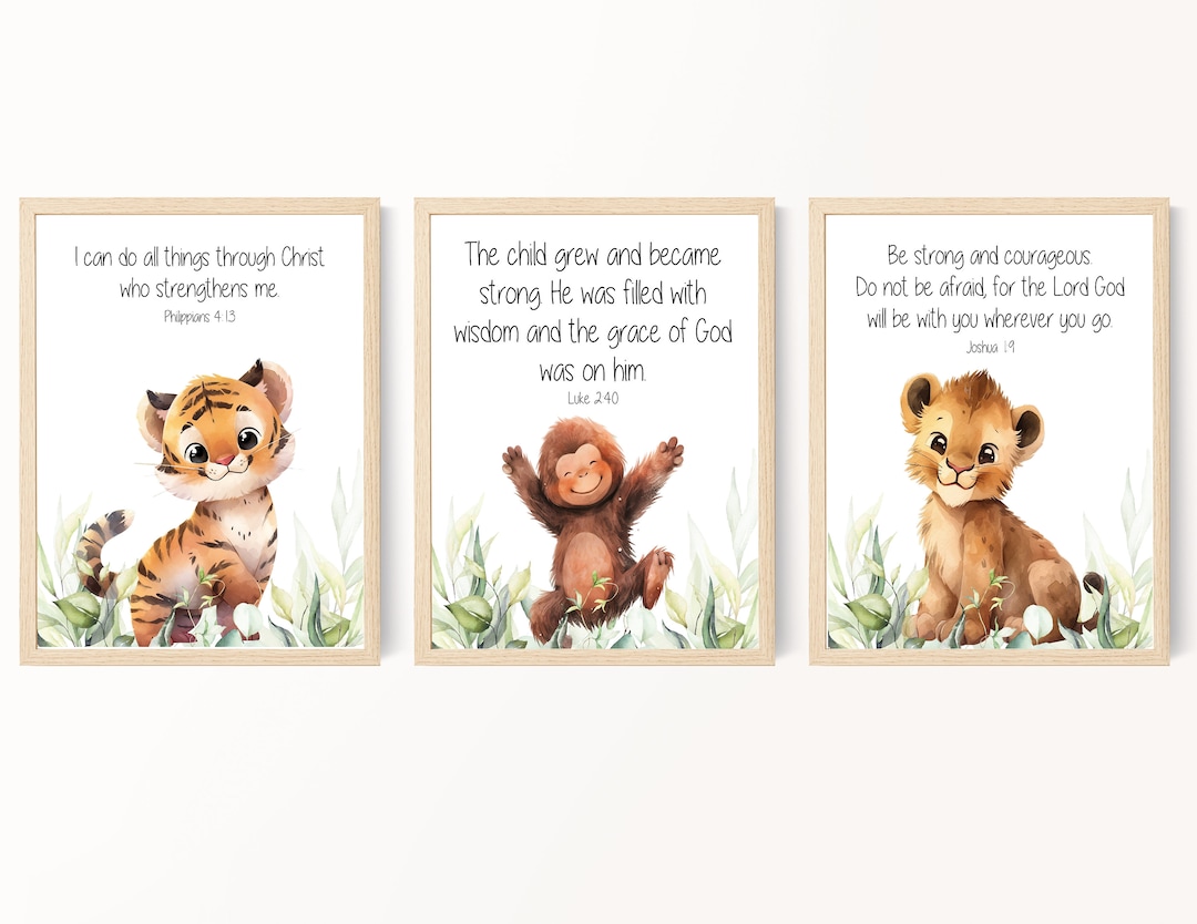 Kids Bible Verse Wall Art, Safari Animal Nursery Prints, Mighty Jungle ...